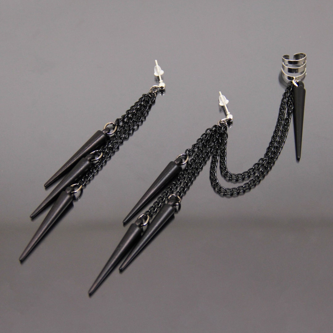Black Spiked Ear Cuff Double Chained Cuff Earrings, Fake Piercing ...