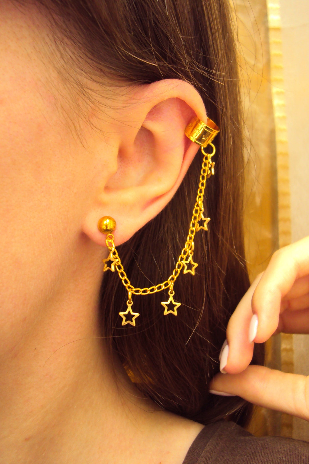 Gold Star Ear Cuff Earrings, Chain Non Pierced Fake Ear Cuffs, Shooting ...
