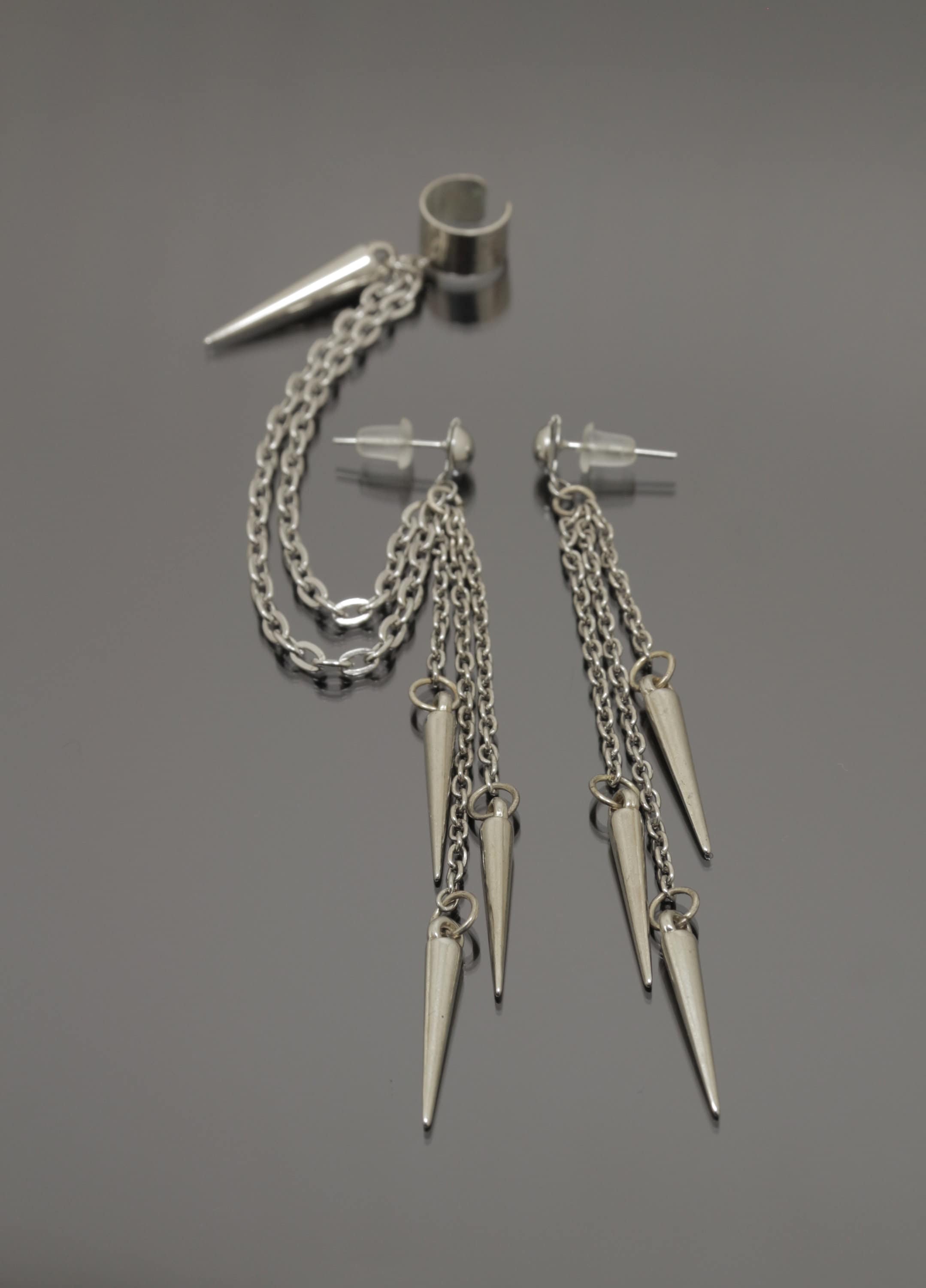 Black Spiked Ear Cuff Double Chained Cuffs Earrings, Fake Piercing ...