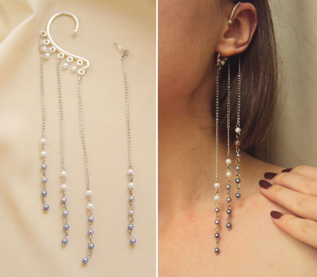 Pearl Ear Cuff Set Dangle Silver Earcuff Dangling Non Pierced - Etsy