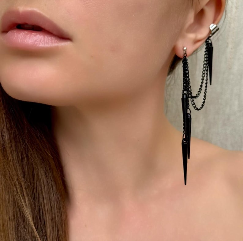 Black Spiked Ear Cuff Double Chained Cuffs Earrings, Fake Piercing ...