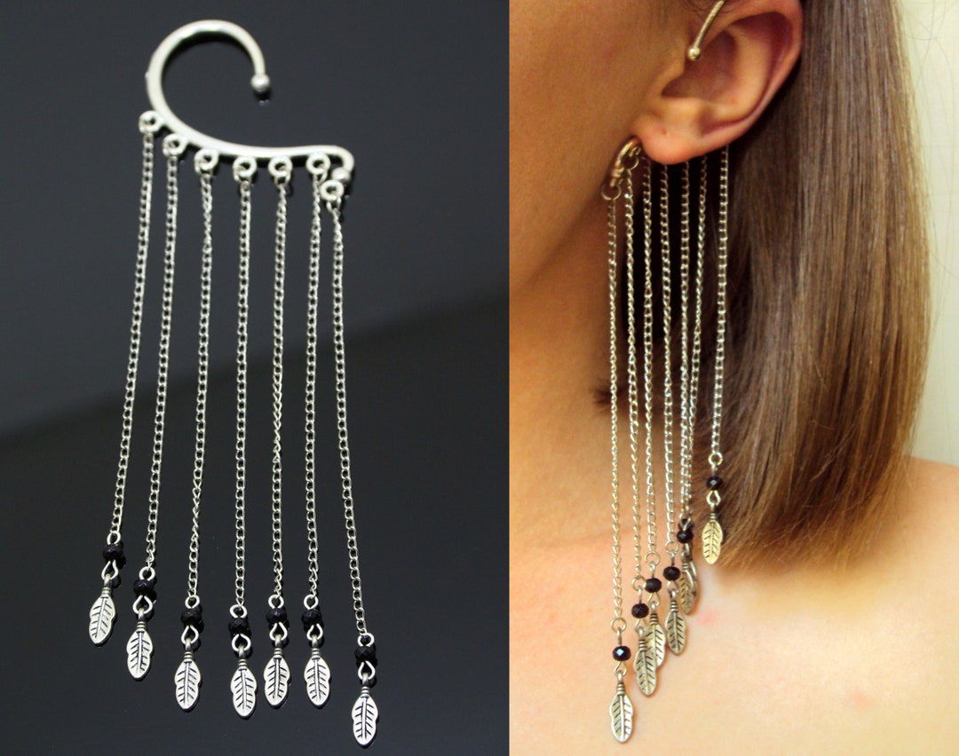 Silver Chain Earcuff, Feather Non Pierced Earrings, Long Chain Ear Cuff ...