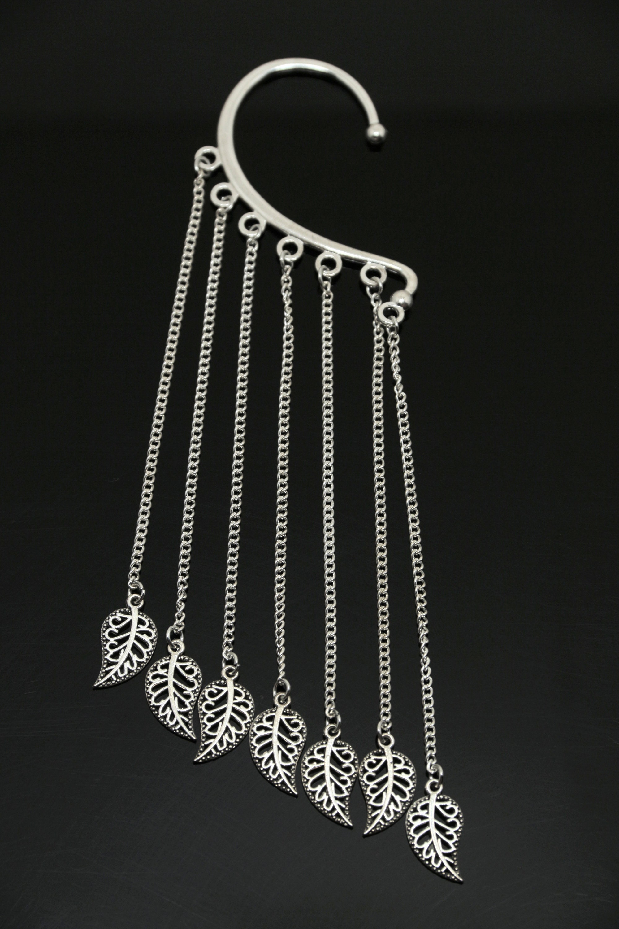 Long Chain Ear Cuff, Silver Leaves Non Pierced Ear Wraps, Dangling ...