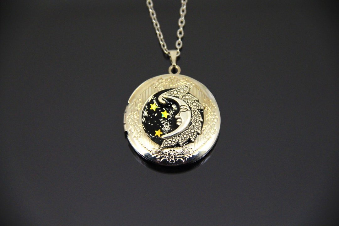 Celestial Moon Locket Necklace Quarter Moons Star Jewelry Personalized ...