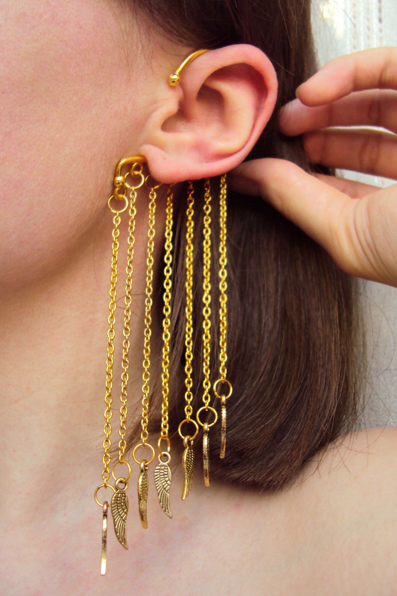 Wing ear cuff Long chain earrings for women Angel winged | Etsy