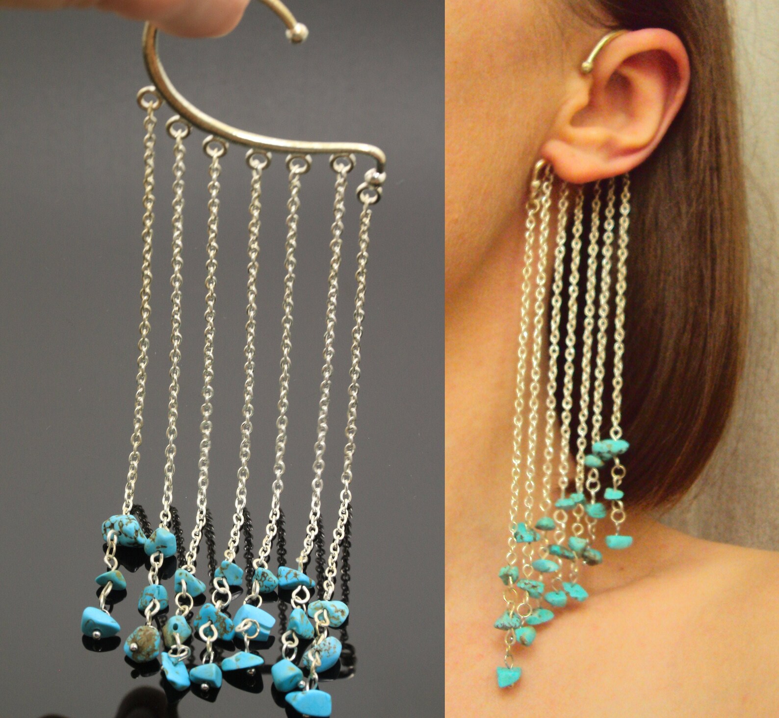 Turquoise Ear Cuff Blue Beads Earring Boho Cuff No Piercing - Etsy