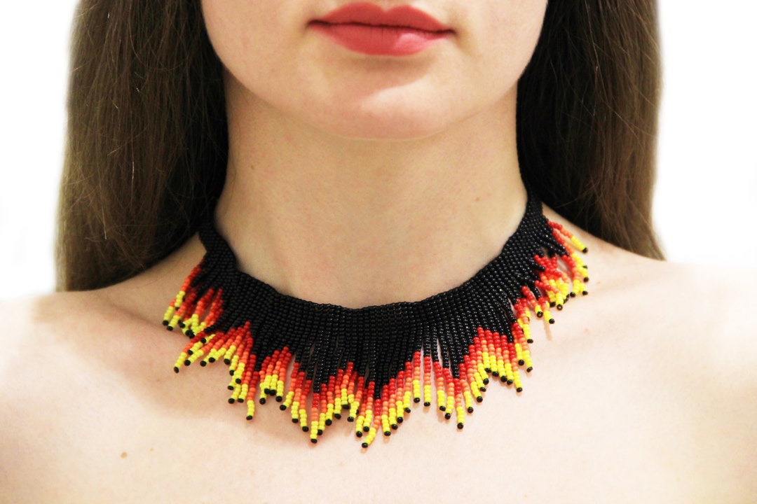 Red Fire Choker Necklace Gothic Collar Necklace Statement Beadwork Jewelry Handmade Seed Bead ...