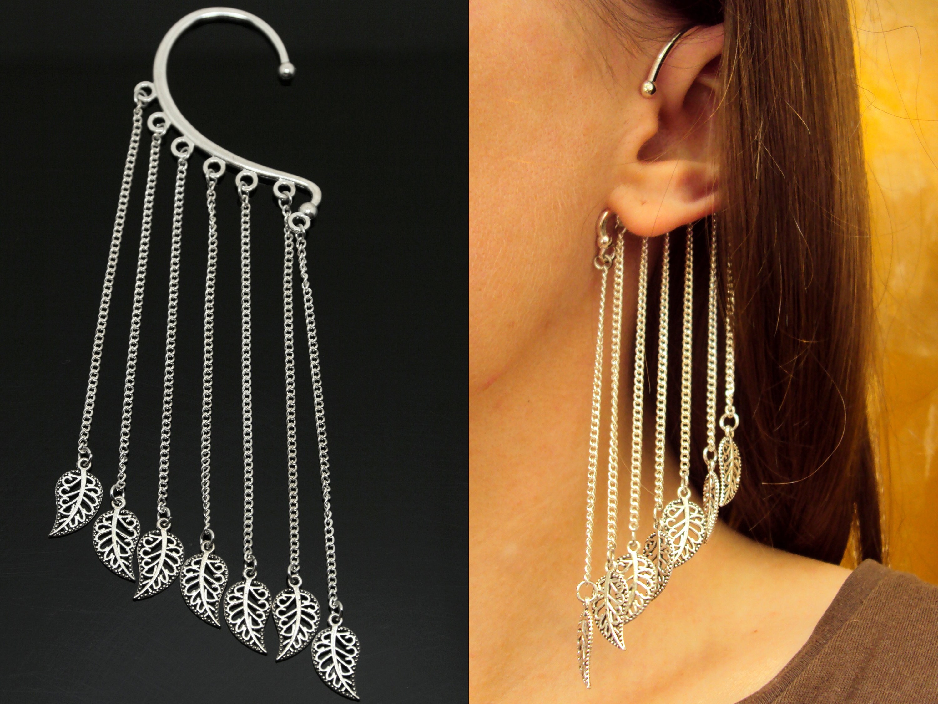 Long Chain Ear Cuff, Silver Leaves Non Pierced Ear Wraps, Dangling ...