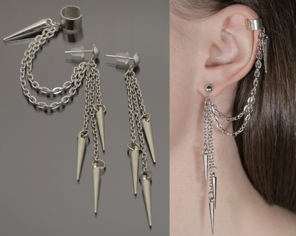 Spike Chain Ear Cuff Earrings, Fake Piercing Silver Ear Wrap, Gothic ...