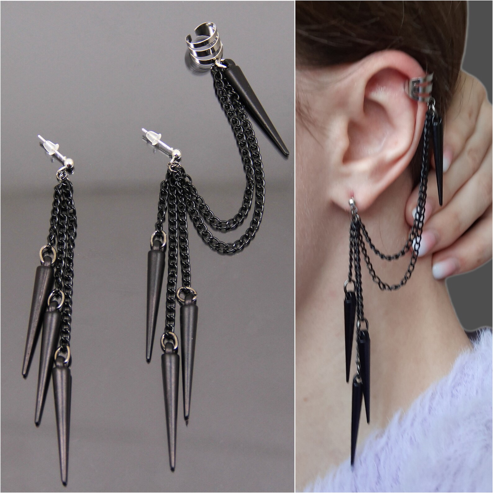 Black Spiked Ear Cuff Double Chained Cuffs Earrings, Fake Piercing ...