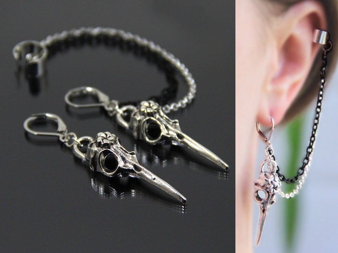 Raven Skull Ear Cuff Earrings, Non Pierced Cartilage Ear Wrap, Bird ...
