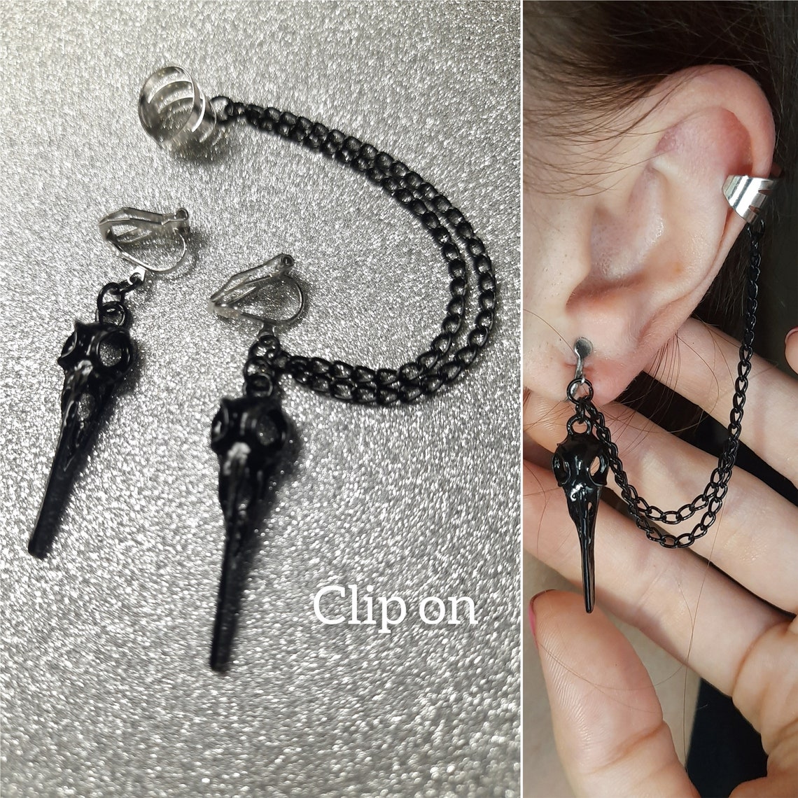 Black Raven Ear Cuff Earrings, Non Pierced Cartilage Ear Wrap, Bird ...
