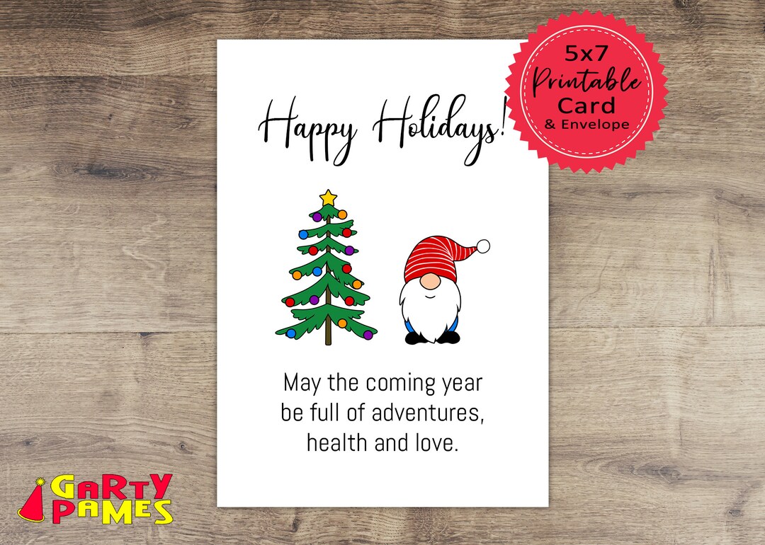 Printable Gnome Happy Holidays Card Adventure Christmas Greeting Card ...