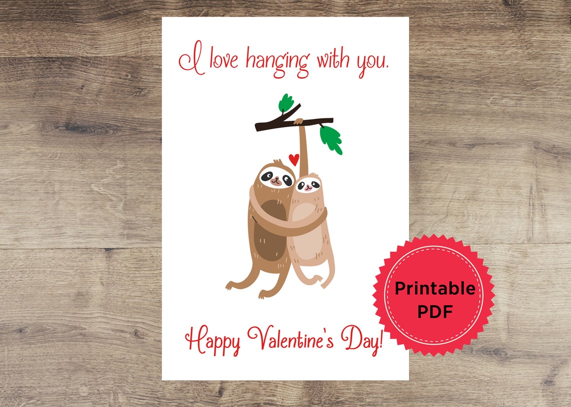 Printable Sloth Valentine's Day Card With Envelope, Printable Valentine ...