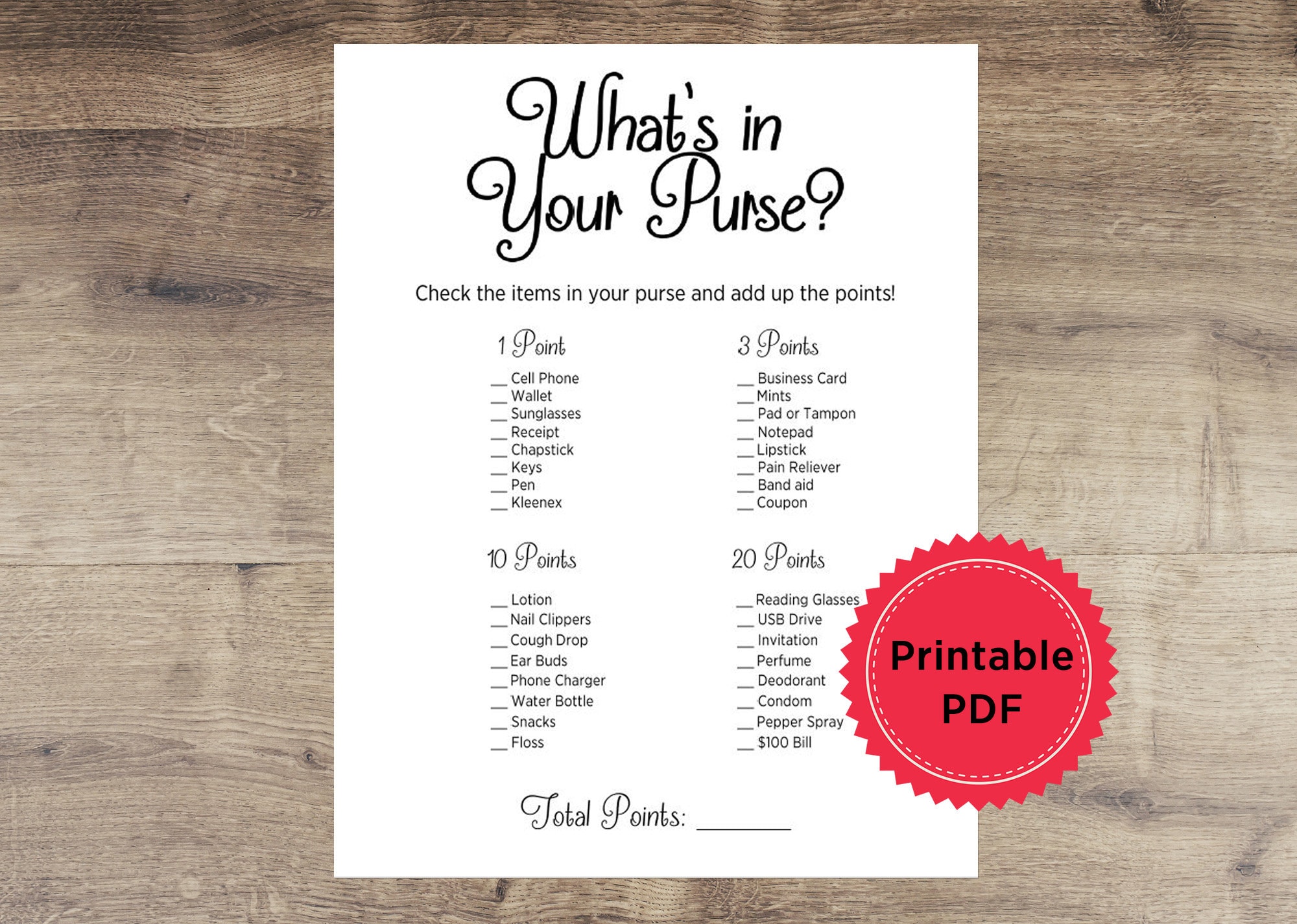 What's in Your Purse Printable Game - Instant PDF Download - Bridal or ...
