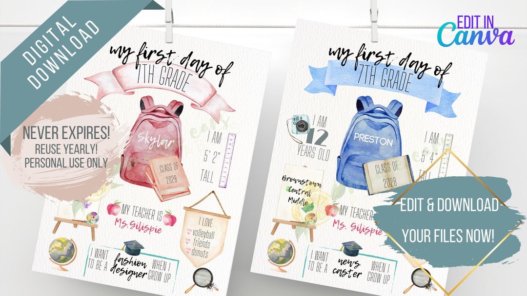 First Day of School Sign Bundle, Watercolor Back to School, 2 Pack ...