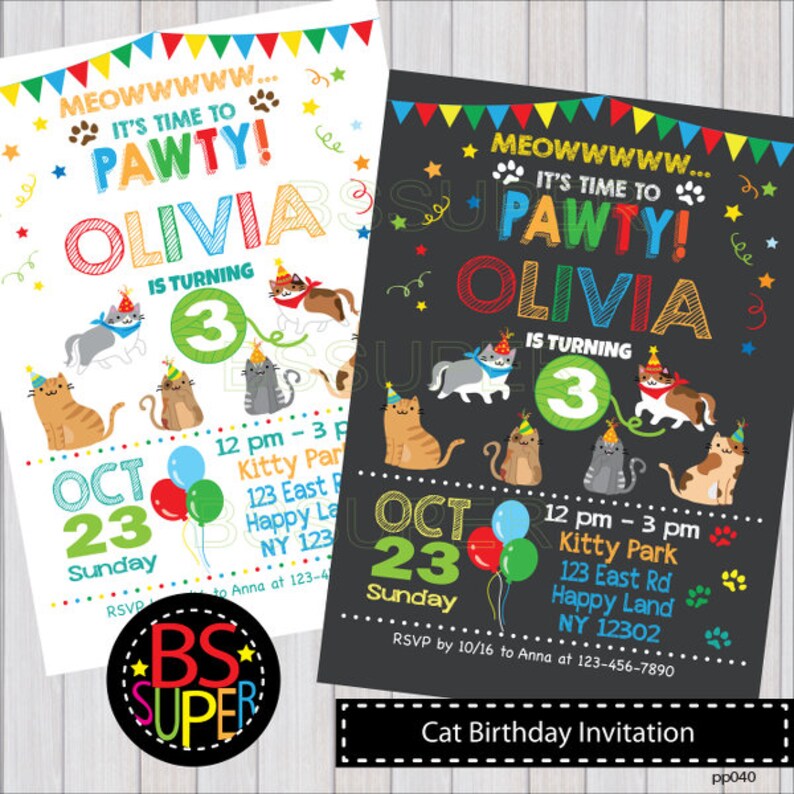 CAT Birthday Invitation CAT Birthday Party Kitty Birthday - Etsy