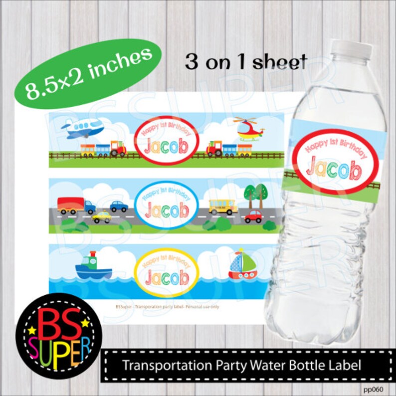 Transportation Party Water Bottle Label Custom Birthday Water - Etsy