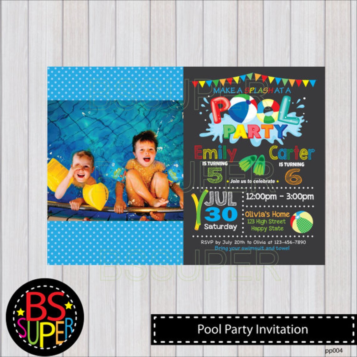 POOL PARTY Invitation Two Kids Pool Party Birthday | Etsy