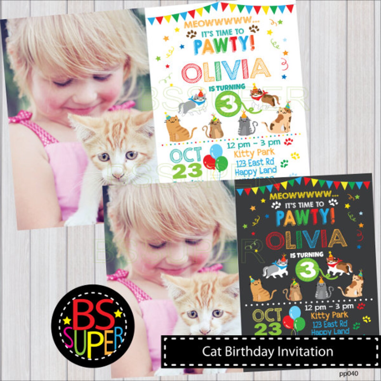 CAT Birthday Invitation CAT Birthday Party Kitty Birthday - Etsy