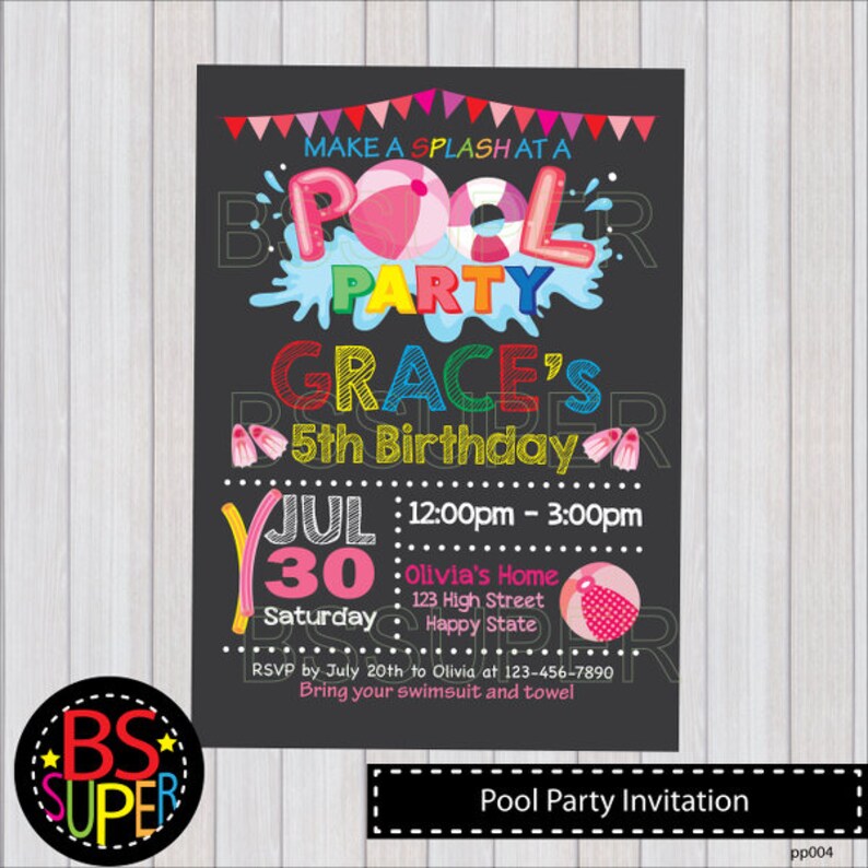 POOL PARTY Invitation Chalkboard Pool Party Birthday - Etsy