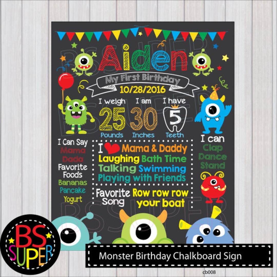 Monster Birthday Chalkboard Sign, Monster First Birthday Chalkboard ...