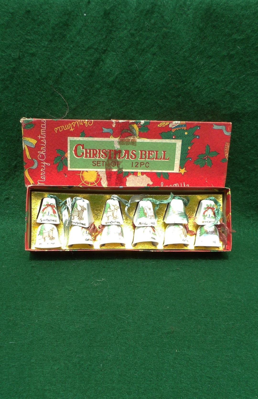 Box of 12 Vintage Ceramic Christmas Bell Tree Ornaments S S K Imports ...