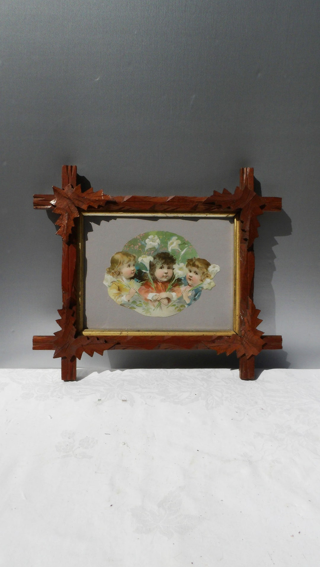 Victorian Adirondack Tramp Art Wood Frame W/ Sweet Scrap Picture of 3 ...