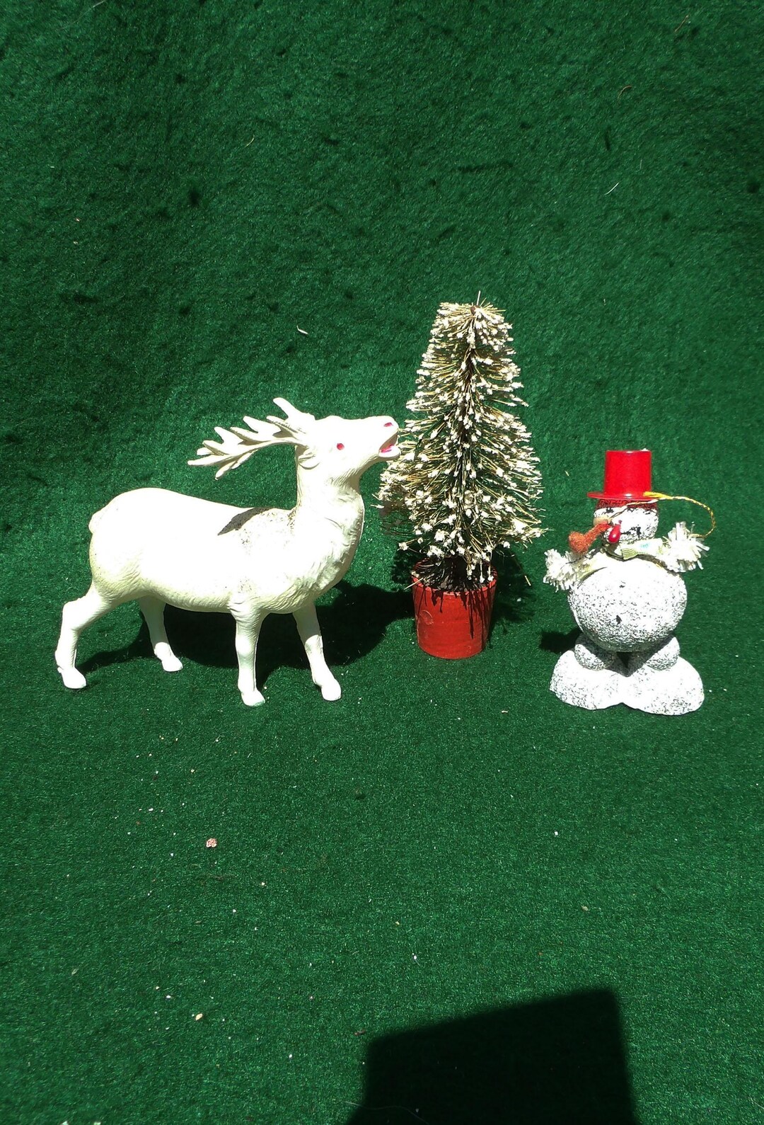 Vintage Celluloid Reindeer Bottle Brush Christmas Tree & Paper Mache ...