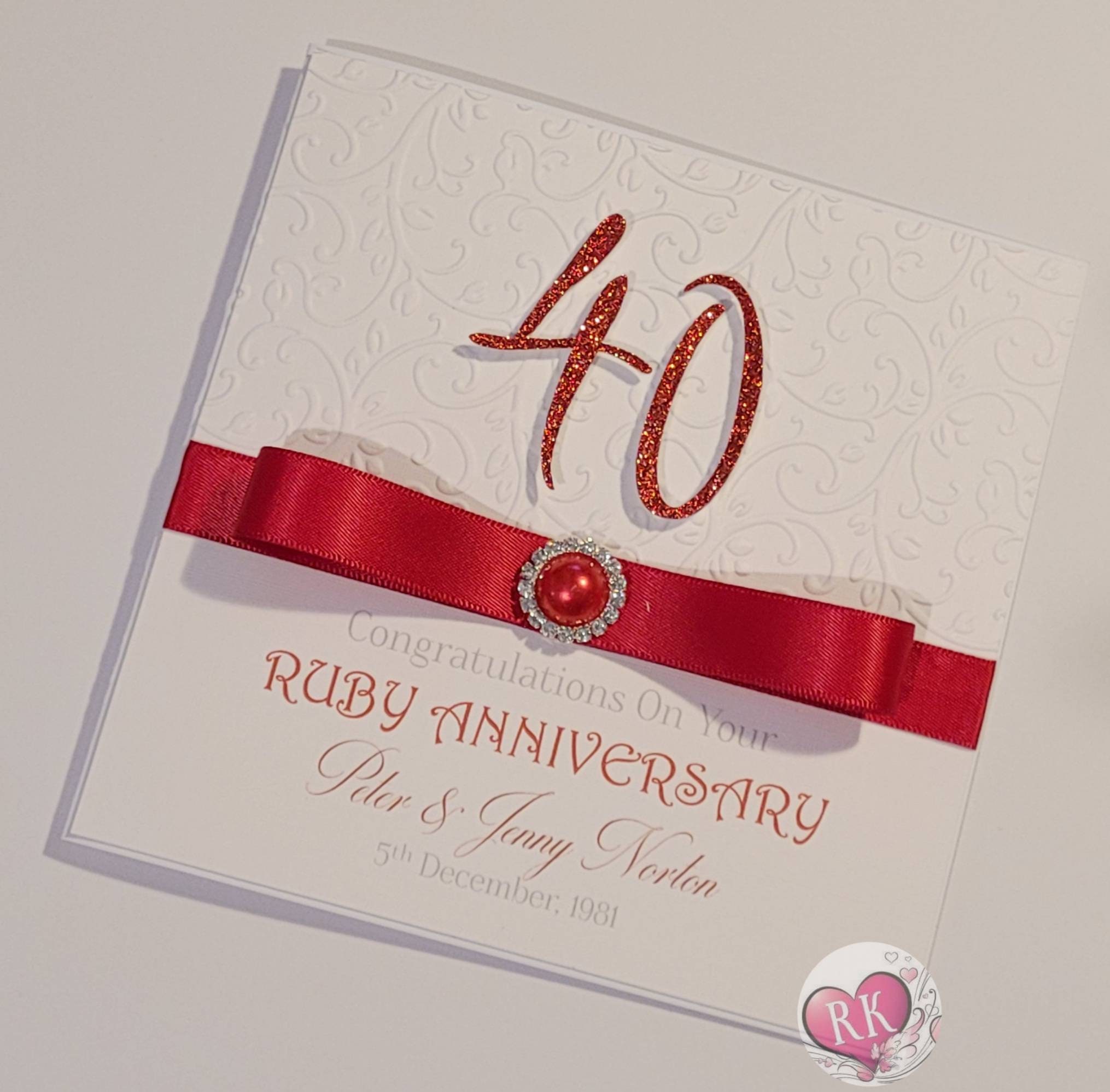 Ruby 40 Years Wedding Anniversary Card in White & Red | Etsy Australia