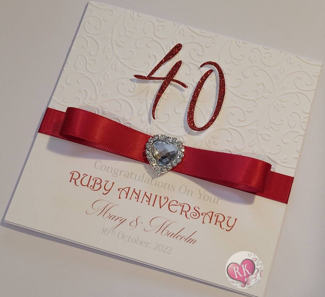 Ruby 40 Years Wedding Anniversary Card in White & Red Personalised ...