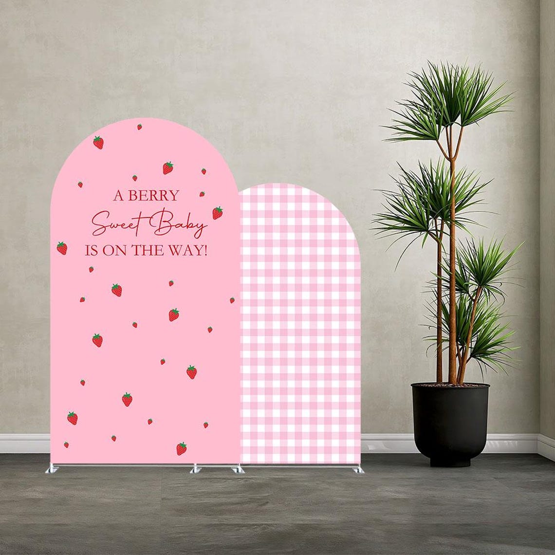 Berry First Birthday Arch Backdrop Cover: Strawberry Pink Plaid Spandex ...