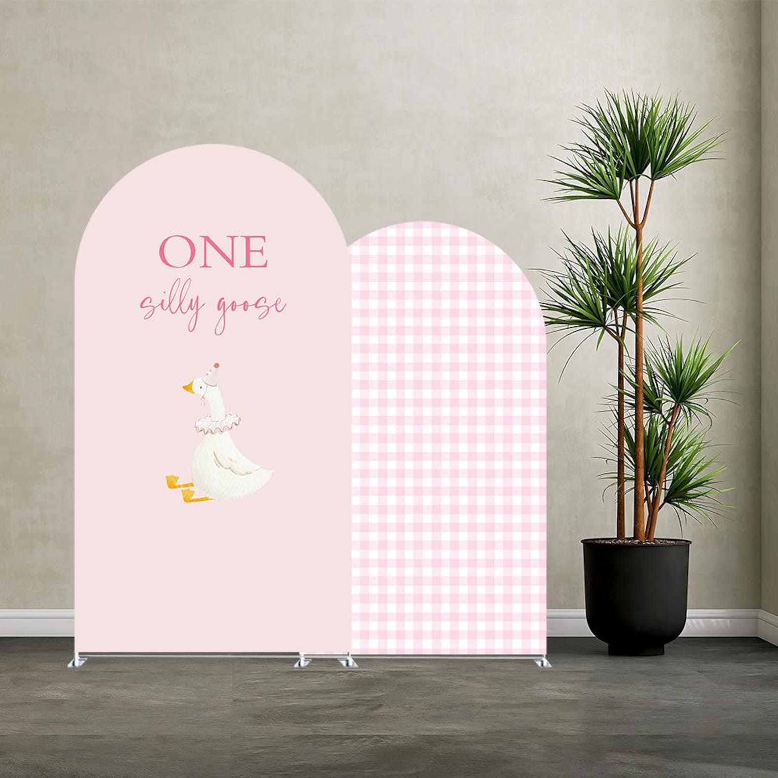 One Silly Goose Arch Backdrop Cover: Pink Plaids Girls 1st Birthday ...