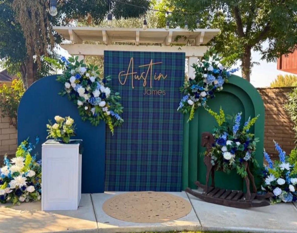 Bear Theme Arch Backdrop Cover: Tartan Blue Plaid Baby Shower Boys ...