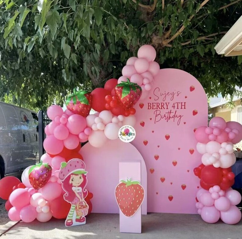 Berry First Birthday Arch Backdrop Cover: Strawberry Pink Plaid Spandex ...