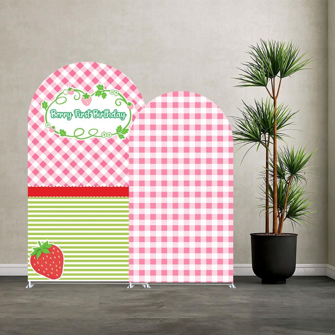 Berry First Birthday Arch Backdrop Cover: Strawberry Pink Plaid Spandex ...