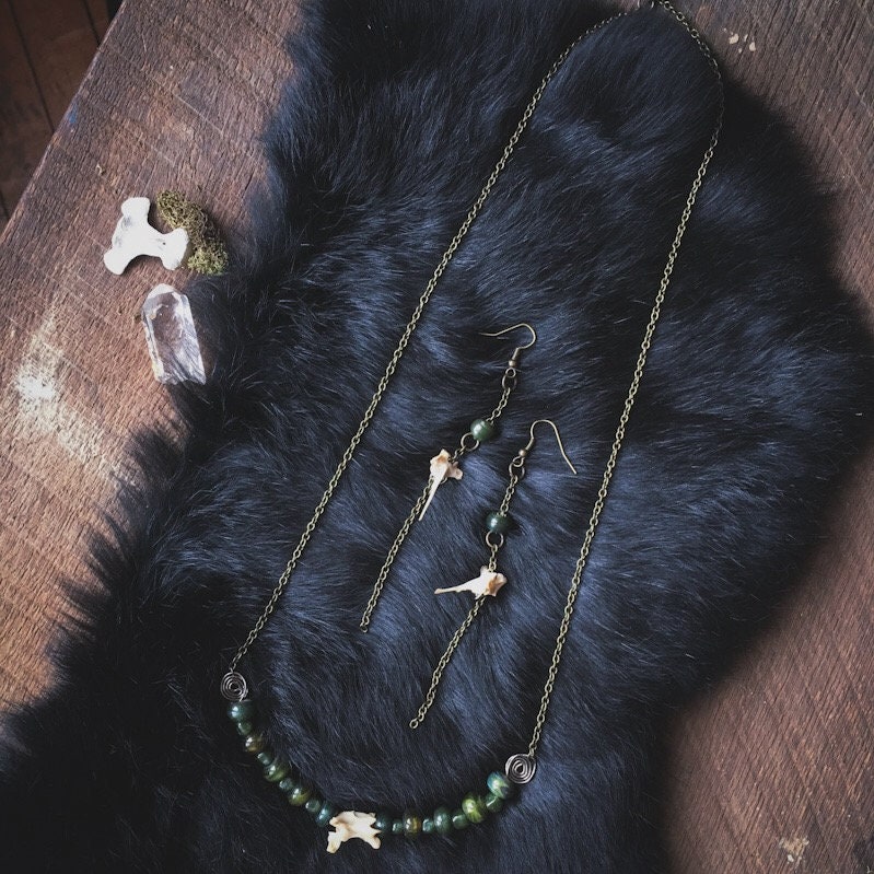 Bone Necklace and Earring Set- real rabbit bone, handmade glass beads