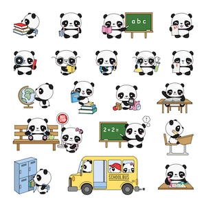 Premium Vector Clipart - Kawaii Pandas Back to School - Cute Panda ...