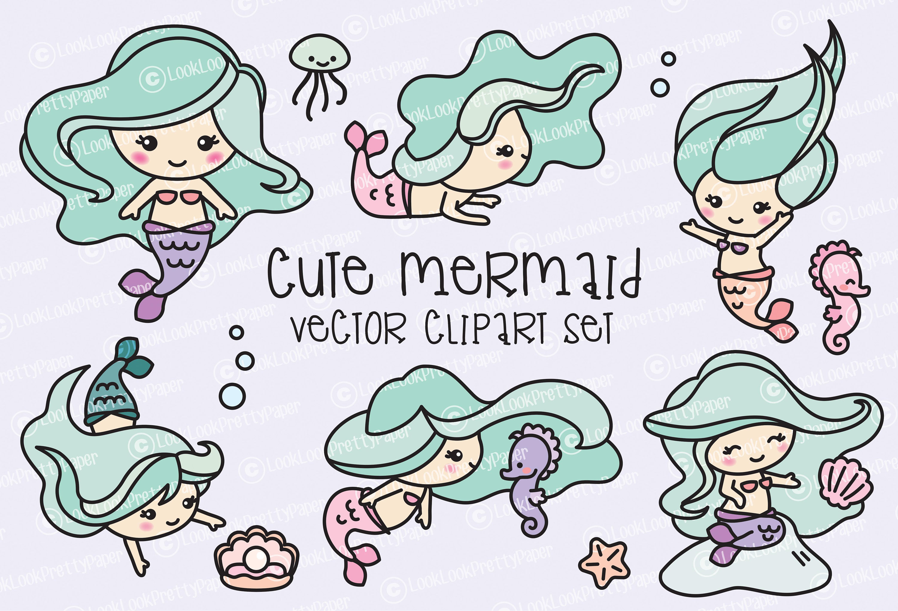 Premium Vector Clipart Kawaii Mermaids Cute Mermaids | Etsy