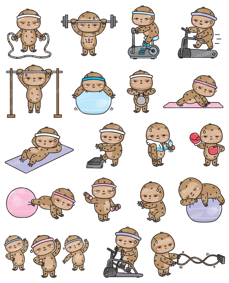 Premium Vector Clipart Kawaii Workout Sloths Cute Workout | Etsy