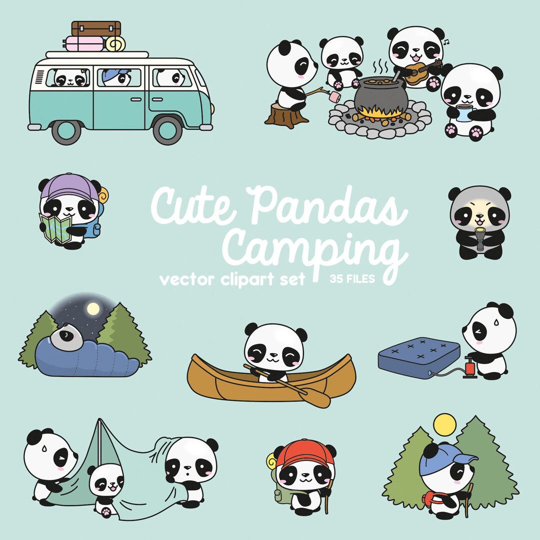 Premium Vector Clipart - Kawaii Pandas Camping - Cute Panda Bears ...