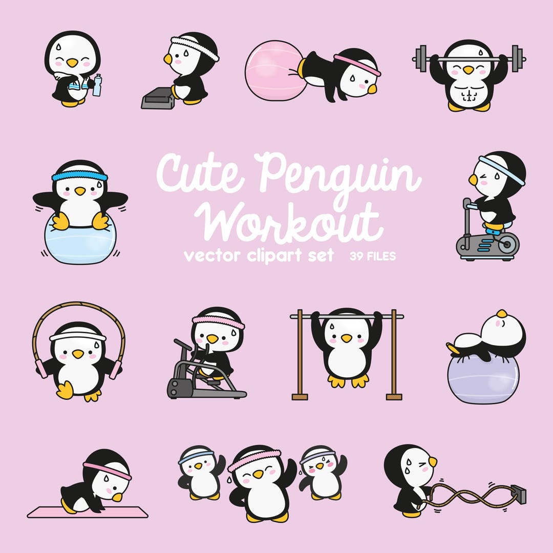 Premium Vector Clipart - Kawaii Workout Penguins - Cute Workout ...