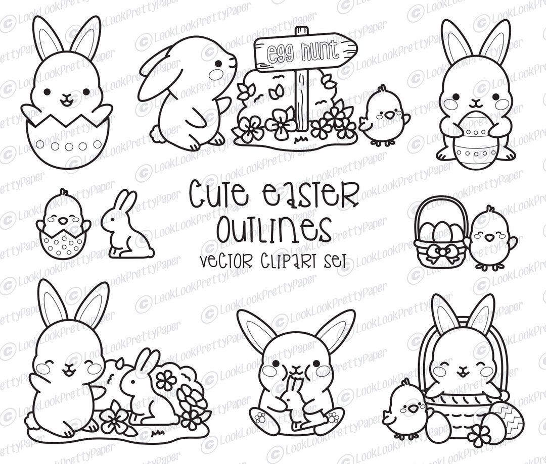 Premium Vector Clipart Kawaii Easter Outlines Black & White Easter ...