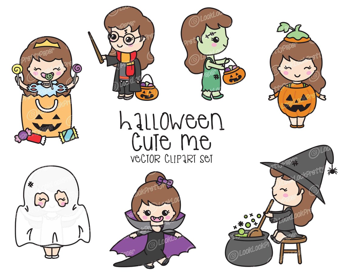 Premium Vector Clipart Kawaii Halloween Girl Cute Me - Etsy