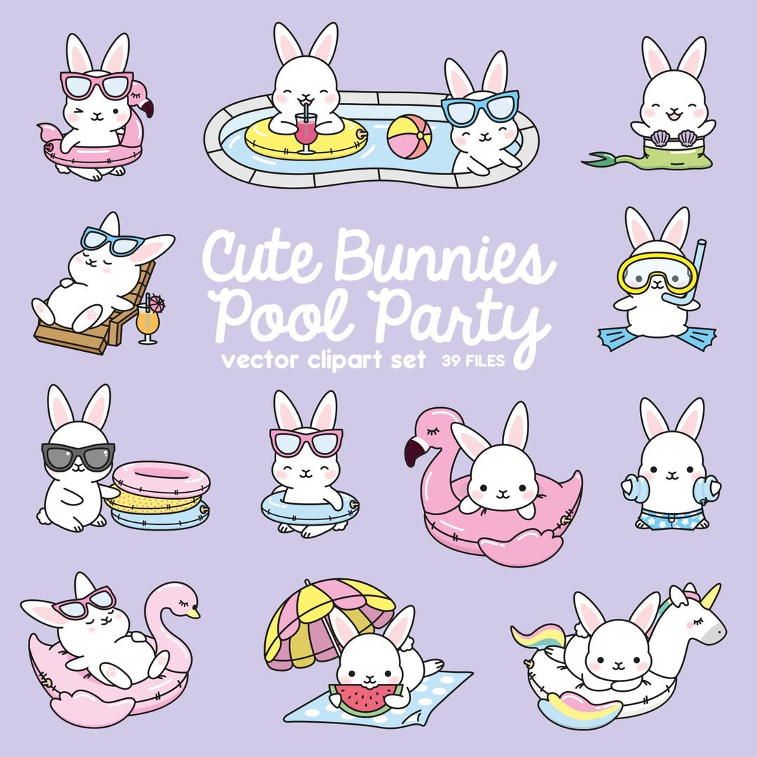 Premium Vector Clipart - Kawaii Bunny - Cute Bunny Pool Party Clipart ...