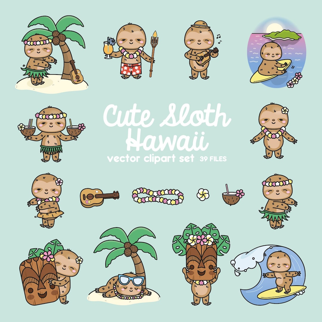 Premium Vector Clipart - Kawaii Sloth - Cute Sloths in Hawaii Clipart ...