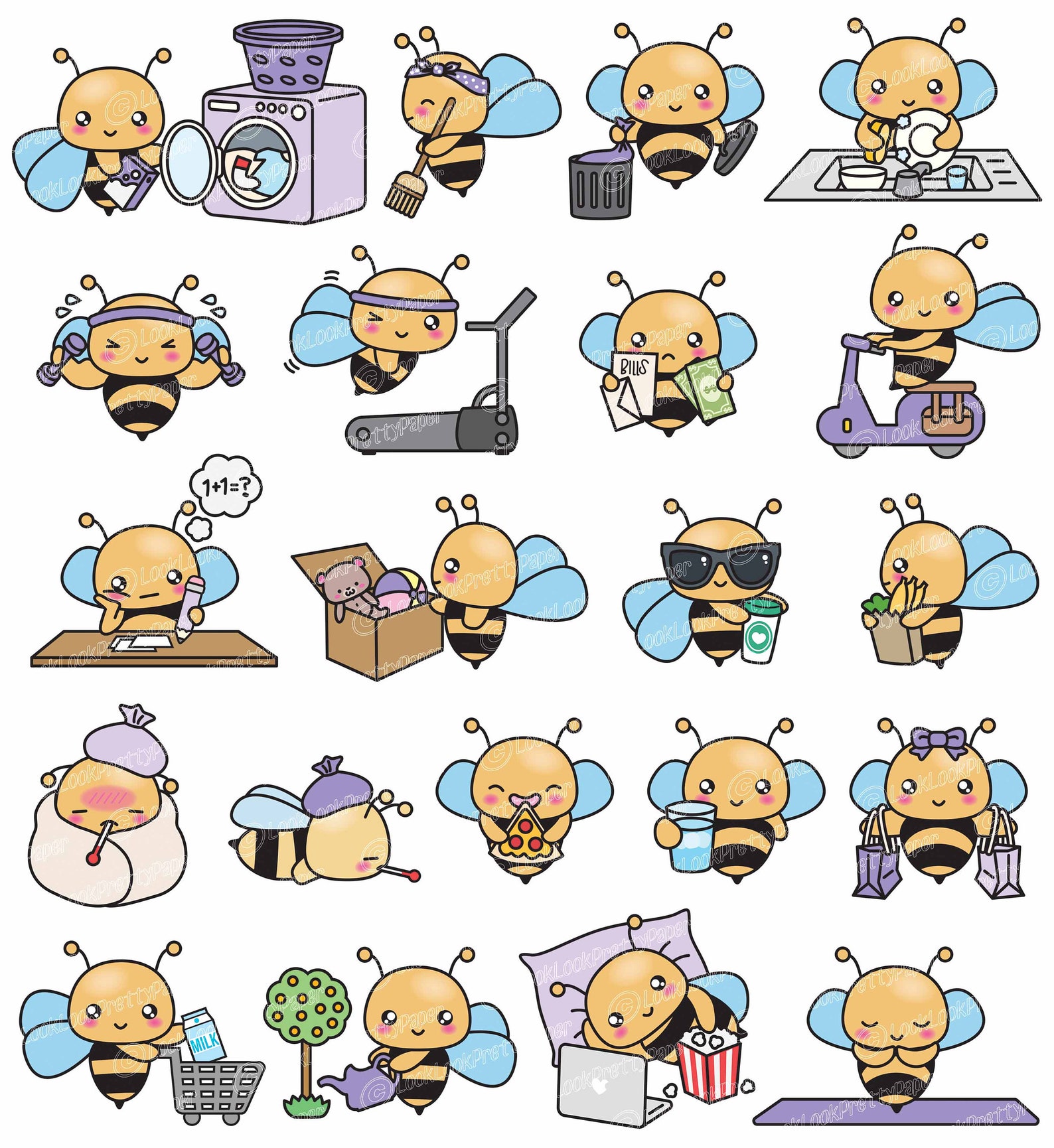 Premium Vector Clipart Kawaii Bee Cute Bees Planning - Etsy
