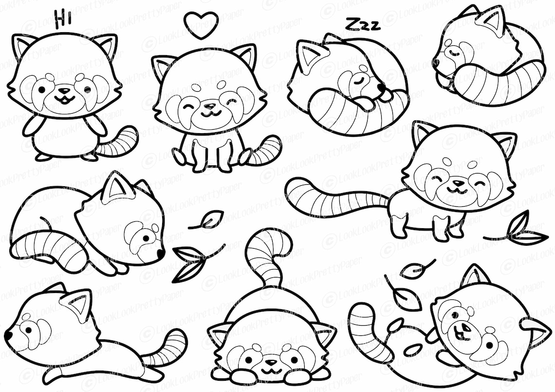 Premium Vector Clipart Kawaii Red Panda Outlines Cute Red - Etsy