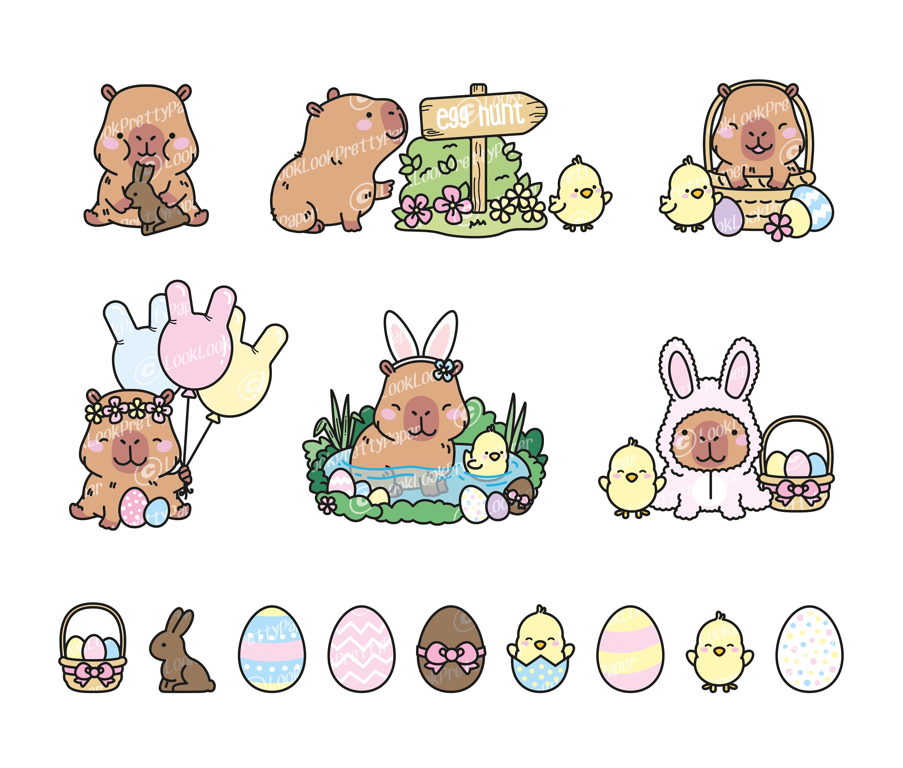Premium Vector Clipart - Kawaii Easter Capybaras - Cute Easter Capybara ...