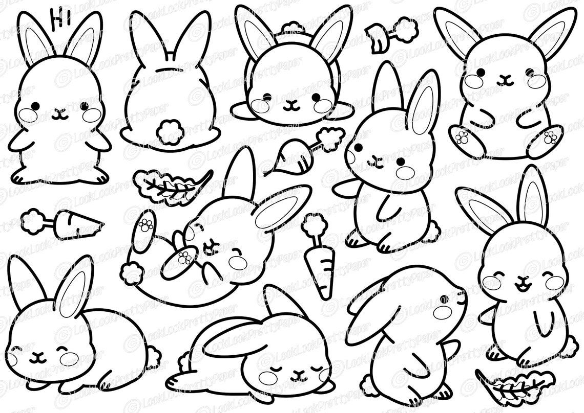 Premium Vector Clipart Kawaii Bunny Outlines Cute Bunny | Etsy